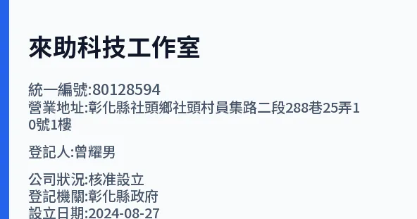 來助科技工作室的照片-統編 80128594(彰化縣) 公司登記資料與營業項目詳細圖表