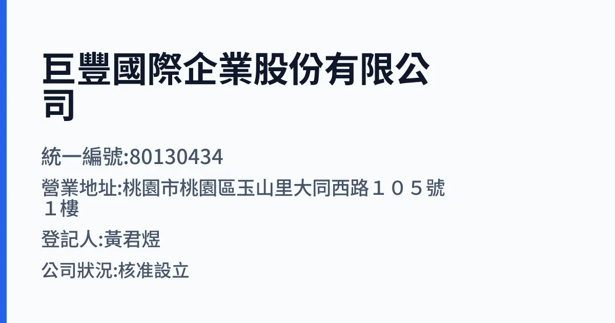 巨豐國際企業股份有限公司 - 統編 80130434(桃園市) 公司登記資料與營業項目詳細圖表