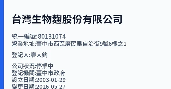 台灣生物麴股份有限公司的照片-統編 80131074(臺中市) 公司登記資料與營業項目詳細圖表
