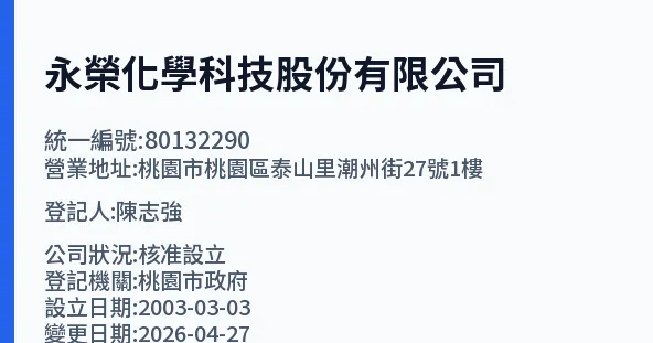 永榮化學科技股份有限公司的照片-統編 80132290(桃園市) 公司登記資料與營業項目詳細圖表