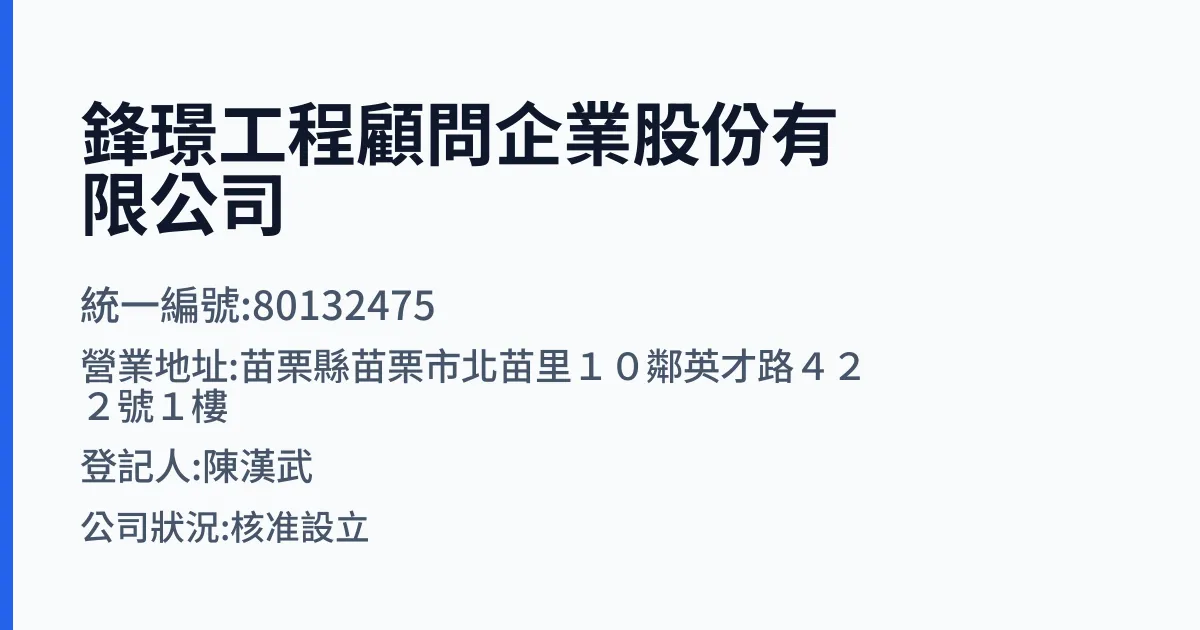 鋒璟工程顧問企業股份有限公司 - 統編 80132475(苗栗縣) 公司登記資料與營業項目詳細圖表