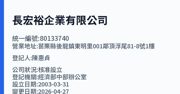 長宏裕企業有限公司的照片-統編 80133740(苗栗縣) 公司登記資料與營業項目詳細圖表