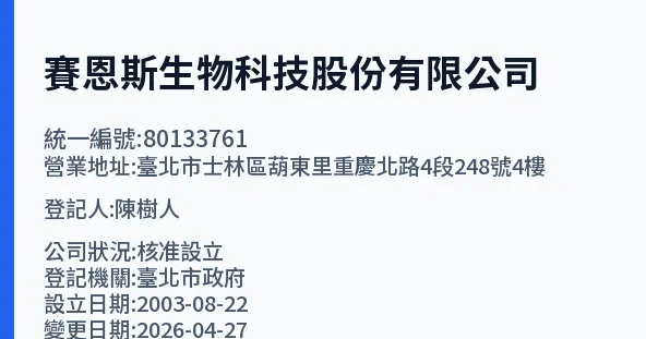 賽恩斯生物科技股份有限公司的照片-統編 80133761(臺北市) 公司登記資料與營業項目詳細圖表