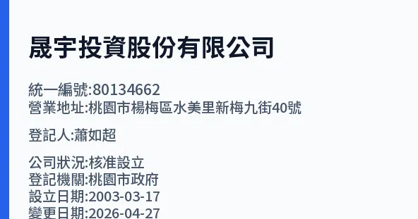 晟宇投資股份有限公司的照片-統編 80134662(桃園市) 公司登記資料與營業項目詳細圖表