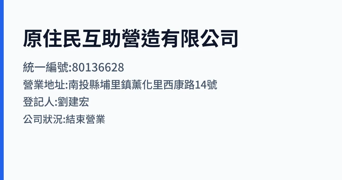 原住民互助營造有限公司 - 統編 80136628(南投縣) 公司登記資料與營業項目詳細圖表