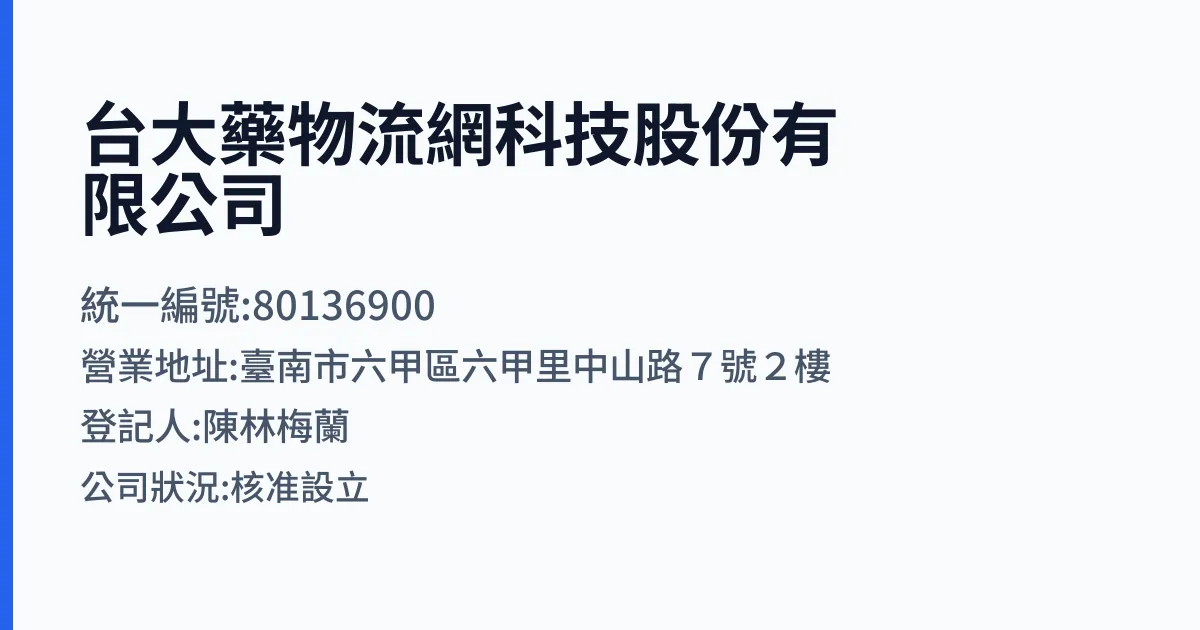 台大藥物流網科技股份有限公司 - 統編 80136900(臺南市) 公司登記資料與營業項目詳細圖表