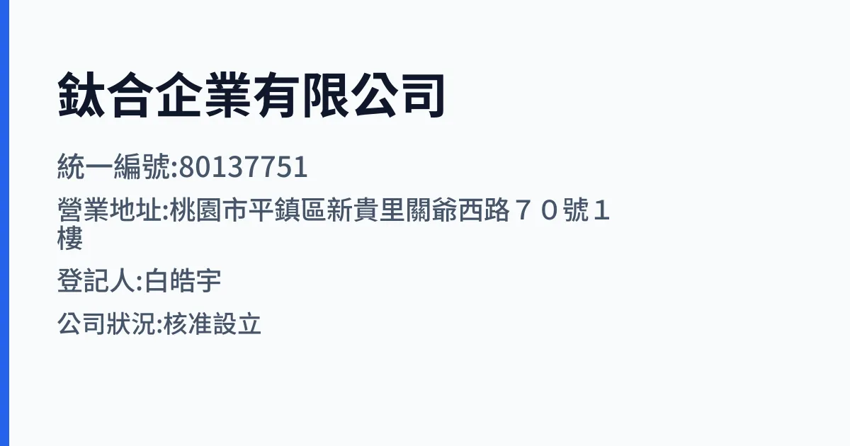 鈦合企業有限公司 - 統編 80137751(桃園市) 公司登記資料與營業項目詳細圖表