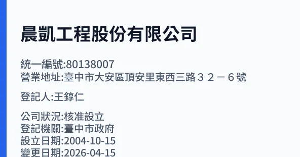 晨凱工程股份有限公司的照片-統編 80138007(臺中市) 公司登記資料與營業項目詳細圖表