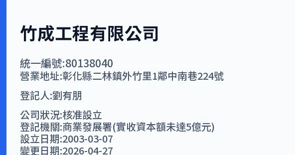 竹成工程有限公司的照片-統編 80138040(彰化縣) 公司登記資料與營業項目詳細圖表