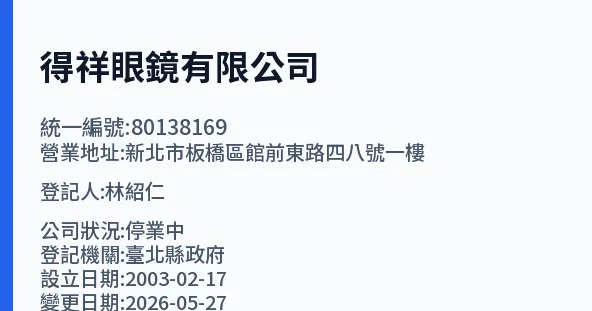 得祥眼鏡有限公司的照片-統編 80138169(新北市) 公司登記資料與營業項目詳細圖表