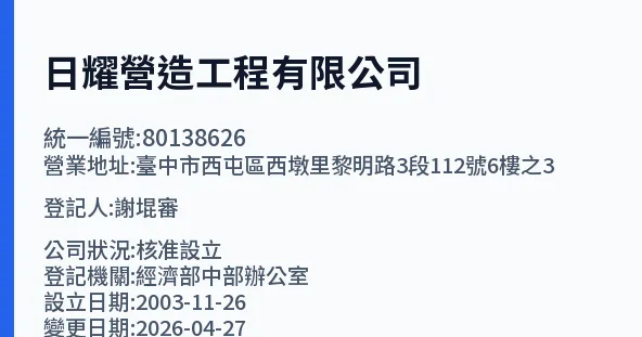日耀營造工程有限公司的照片-統編 80138626(臺中市) 公司登記資料與營業項目詳細圖表