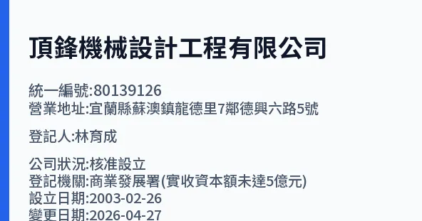 頂鋒機械設計工程有限公司的照片-統編 80139126(宜蘭縣) 公司登記資料與營業項目詳細圖表