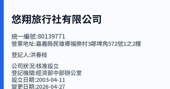 悠翔旅行社有限公司的照片-統編 80139771(嘉義縣) 公司登記資料與營業項目詳細圖表