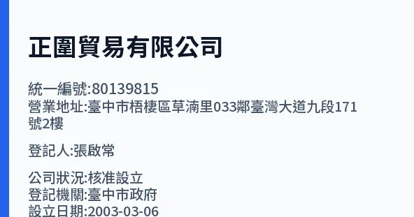正圍貿易有限公司的照片-統編 80139815(臺中市) 公司登記資料與營業項目詳細圖表