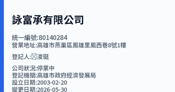 詠富承有限公司的照片-統編 80140284(高雄市) 公司登記資料與營業項目詳細圖表