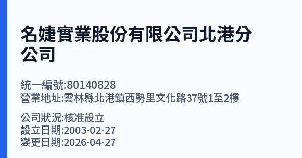 名婕實業股份有限公司北港分公司的照片-統編 80140828(雲林縣) 公司登記資料與營業項目詳細圖表