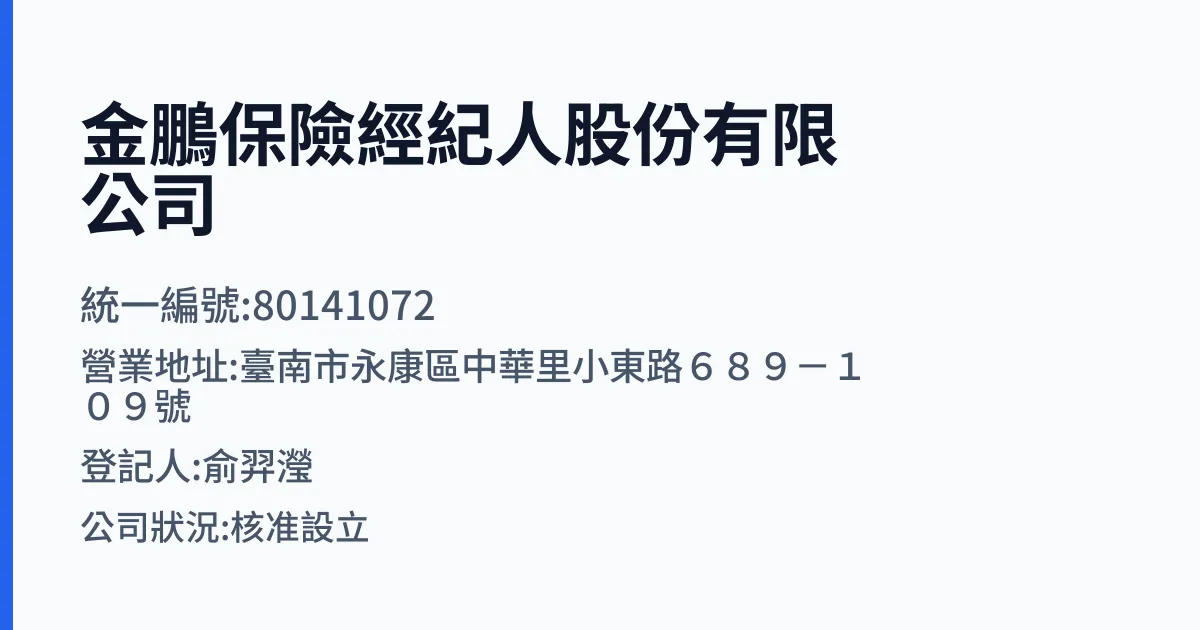 金鵬保險經紀人股份有限公司 - 統編 80141072(臺南市) 公司登記資料與營業項目詳細圖表