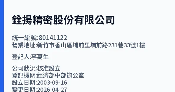 銓揚精密股份有限公司的照片-統編 80141122(新竹市) 公司登記資料與營業項目詳細圖表
