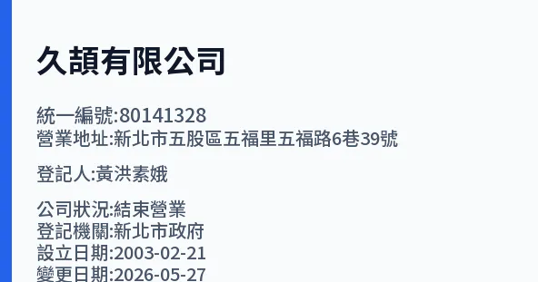 久頡有限公司的照片-統編 80141328(新北市) 公司登記資料與營業項目詳細圖表