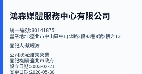 鴻森媒體服務中心有限公司的照片-統編 80141875(臺北市) 公司登記資料與營業項目詳細圖表