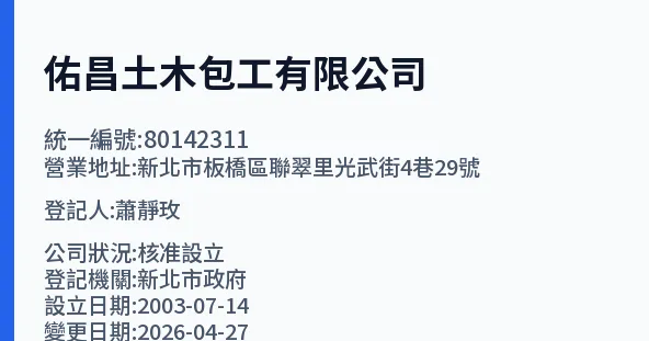 佑昌土木包工有限公司的照片-統編 80142311(新北市) 公司登記資料與營業項目詳細圖表