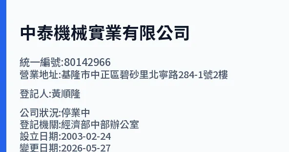 中泰機械實業有限公司的照片-統編 80142966(基隆市) 公司登記資料與營業項目詳細圖表