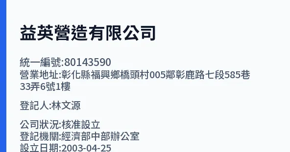 益英營造有限公司的照片-統編 80143590(彰化縣) 公司登記資料與營業項目詳細圖表
