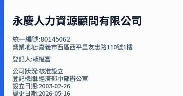 永慶人力資源顧問有限公司的照片-統編 80145062(嘉義市) 公司登記資料與營業項目詳細圖表