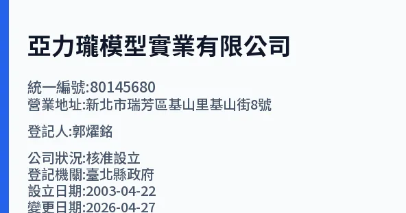 亞力瓏模型實業有限公司的照片-統編 80145680(新北市) 公司登記資料與營業項目詳細圖表