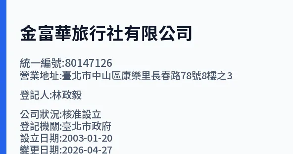 金富華旅行社有限公司的照片-統編 80147126(臺北市) 公司登記資料與營業項目詳細圖表