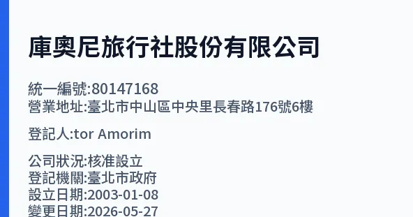 庫奧尼旅行社股份有限公司的照片-統編 80147168(臺北市) 公司登記資料與營業項目詳細圖表