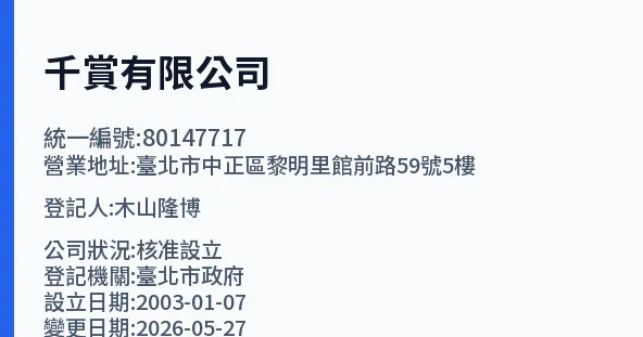 千賞有限公司的照片-統編 80147717(臺北市) 公司登記資料與營業項目詳細圖表