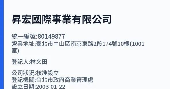 昇宏國際事業有限公司的照片-統編 80149877(臺北市) 公司登記資料與營業項目詳細圖表