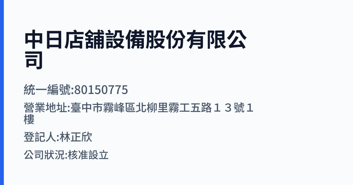 中日店舖設備股份有限公司 - 統編 80150775(臺中市) 公司登記資料與營業項目詳細圖表