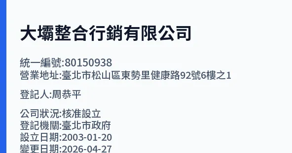 大壩整合行銷有限公司的照片-統編 80150938(臺北市) 公司登記資料與營業項目詳細圖表