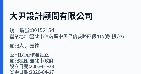 大尹設計顧問有限公司的照片-統編 80152154(臺北市) 公司登記資料與營業項目詳細圖表