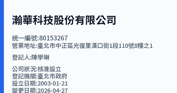 瀚華科技股份有限公司的照片-統編 80153267(臺北市) 公司登記資料與營業項目詳細圖表