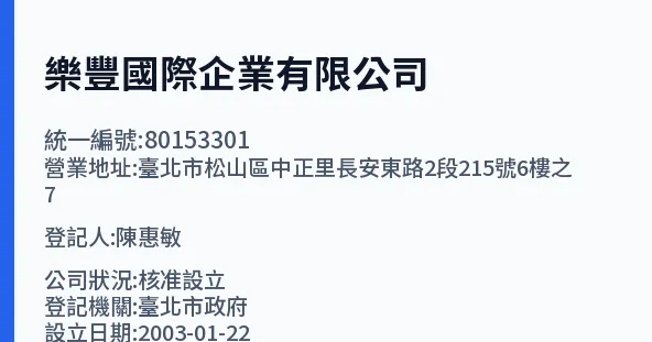 樂豐國際企業有限公司的照片-統編 80153301(臺北市) 公司登記資料與營業項目詳細圖表