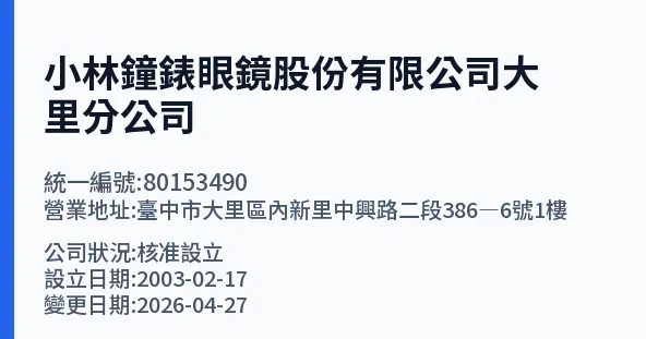 小林鐘錶眼鏡股份有限公司大里分公司的照片-統編 80153490(臺中市) 公司登記資料與營業項目詳細圖表