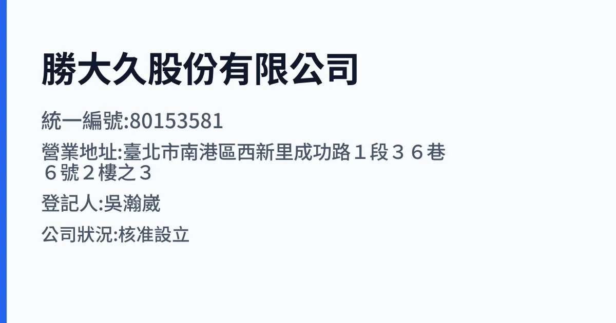 勝大久股份有限公司 - 統編 80153581(臺北市) 公司登記資料與營業項目詳細圖表