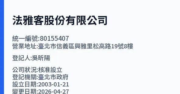 法雅客股份有限公司的照片-統編 80155407(臺北市) 公司登記資料與營業項目詳細圖表