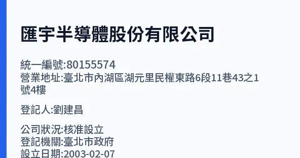 匯宇半導體股份有限公司的照片-統編 80155574(臺北市) 公司登記資料與營業項目詳細圖表