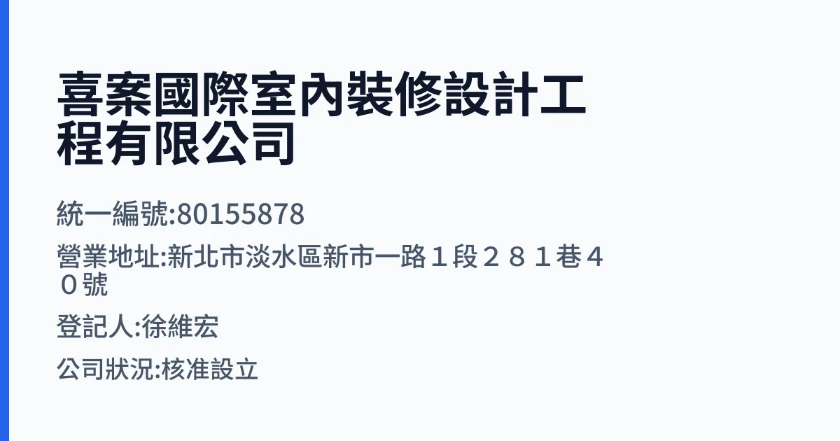 喜案國際室內裝修設計工程有限公司 - 統編 80155878(新北市) 公司登記資料與營業項目詳細圖表