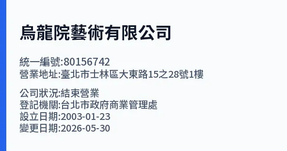 烏龍院藝術有限公司的照片-統編 80156742(臺北市) 公司登記資料與營業項目詳細圖表