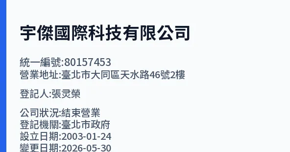 宇傑國際科技有限公司的照片-統編 80157453(臺北市) 公司登記資料與營業項目詳細圖表