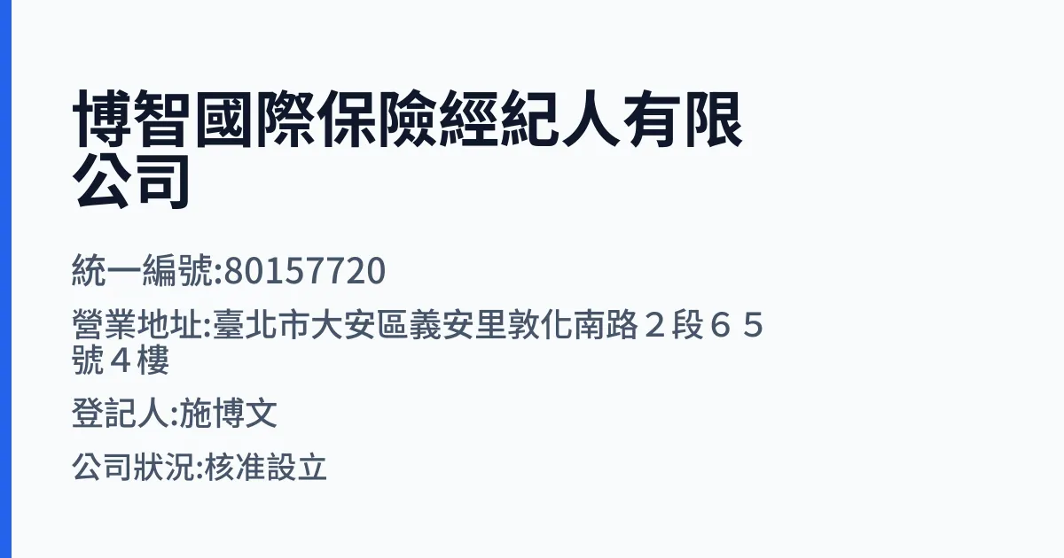 博智國際保險經紀人有限公司 - 統編 80157720(臺北市) 公司登記資料與營業項目詳細圖表
