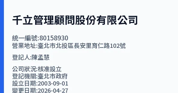 千立管理顧問股份有限公司的照片-統編 80158930(臺北市) 公司登記資料與營業項目詳細圖表