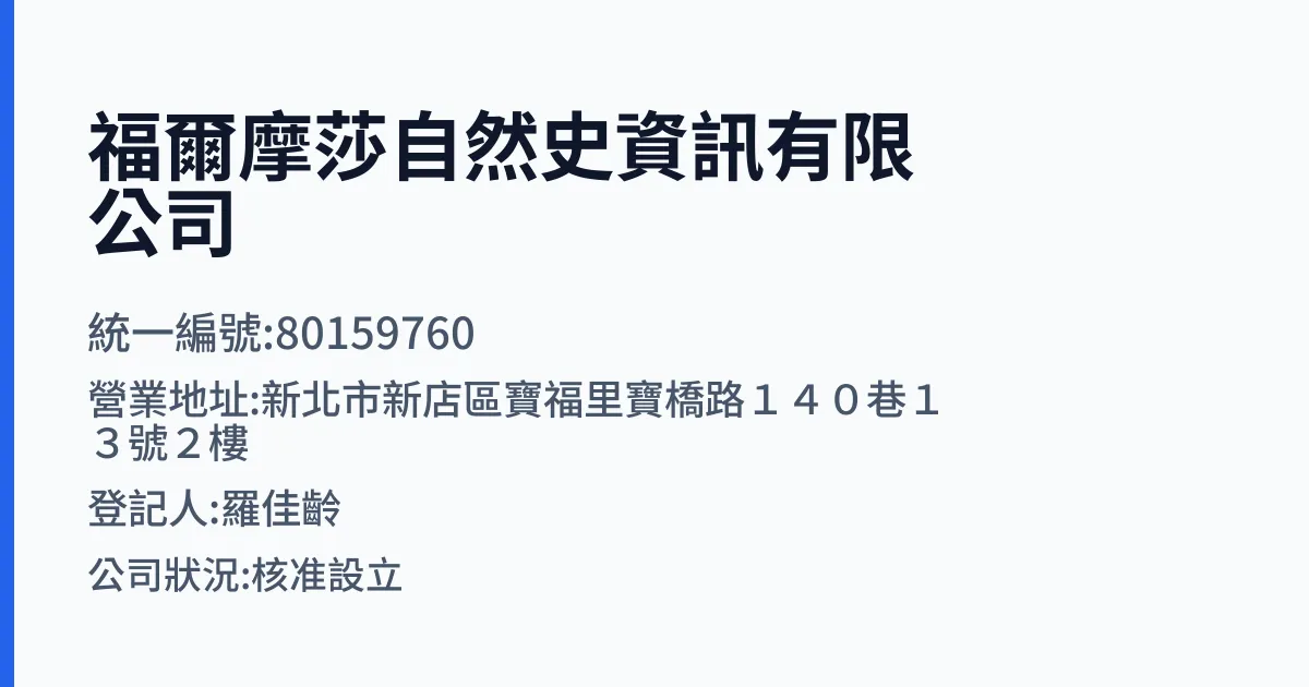 福爾摩莎自然史資訊有限公司 - 統編 80159760(新北市) 公司登記資料與營業項目詳細圖表