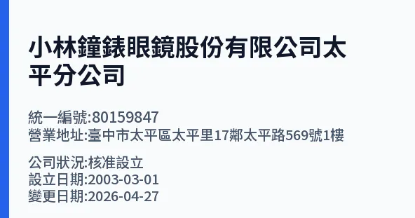 小林鐘錶眼鏡股份有限公司太平分公司的照片-統編 80159847(臺中市) 公司登記資料與營業項目詳細圖表