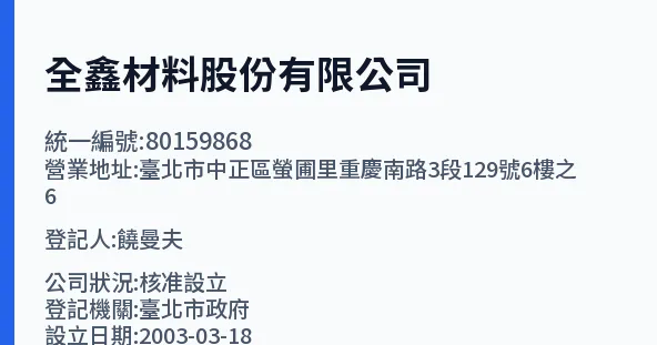 全鑫材料股份有限公司的照片-統編 80159868(臺北市) 公司登記資料與營業項目詳細圖表